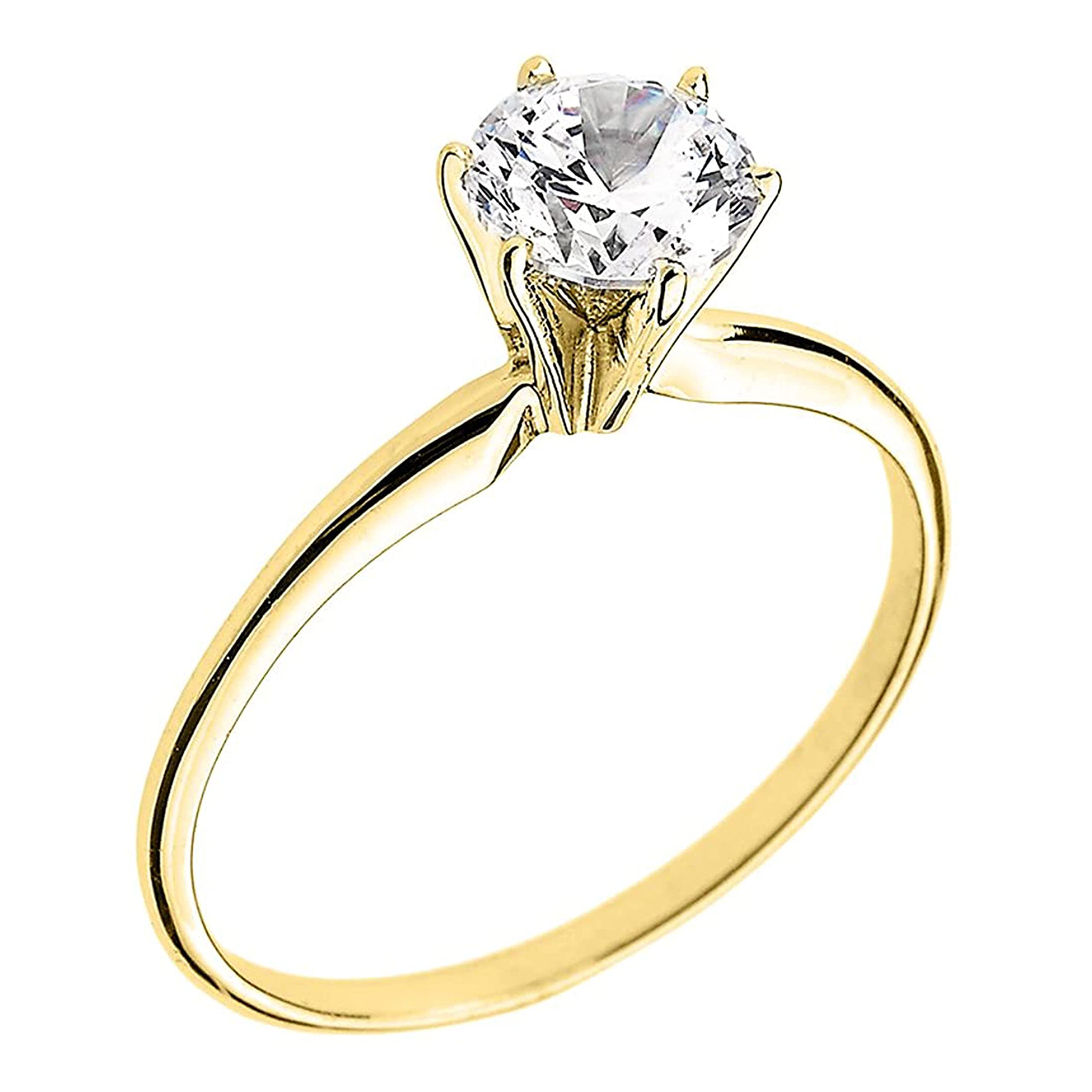 10K Yellow Gold Round Brilliant Cut Cubic Zirconia Solitaire 6 Prong Engagement Ring with Slender Band - Size 7