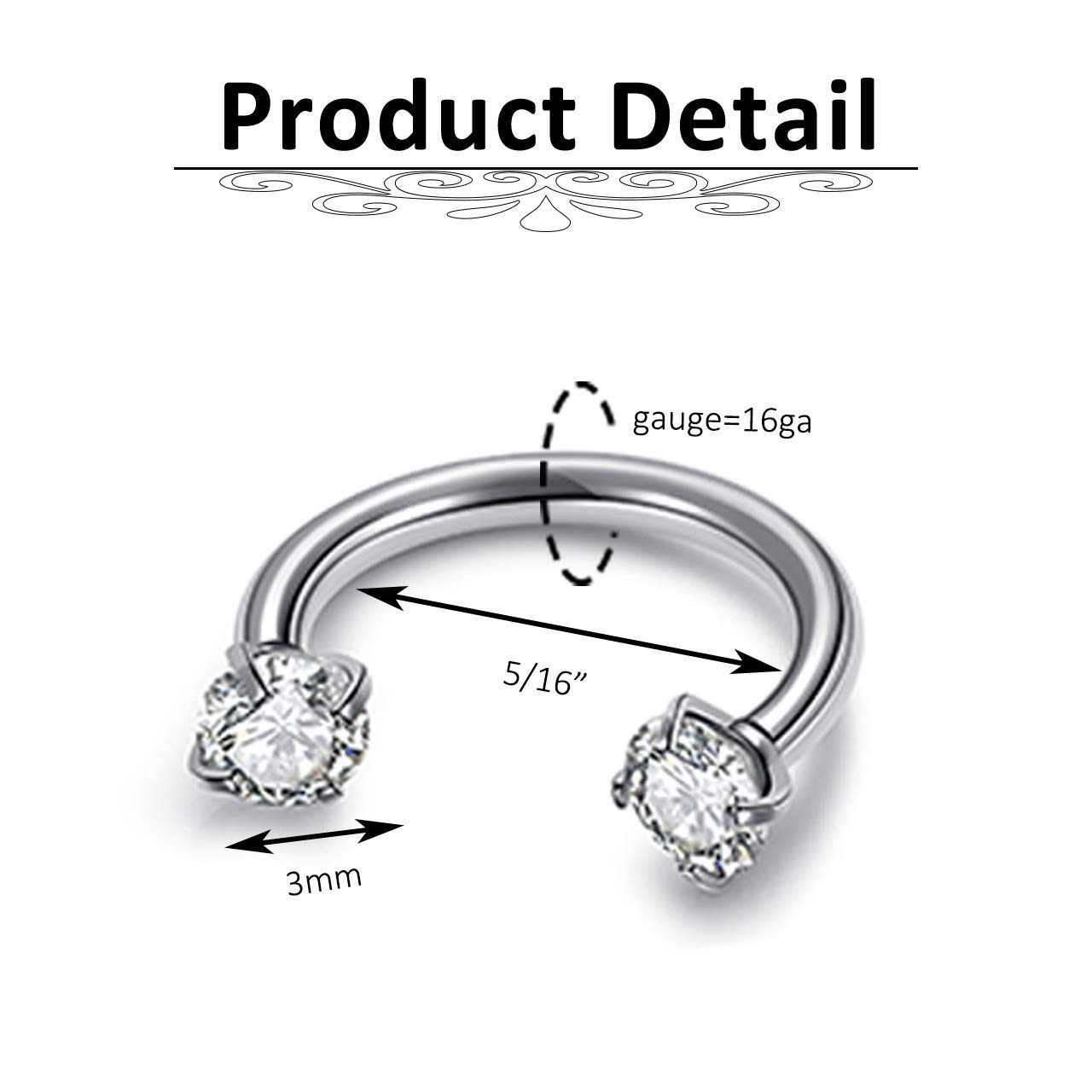 Jovivi 2pc 16G Stainless Steel Cubic Zirconia Horseshoe Multi-functional Lip/Nose/Nipple/Eyebrow Captive Hoop Ring Barbell Tragus Cartilage Stud Earrings