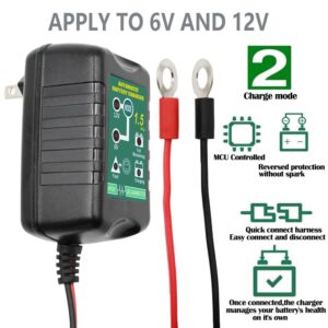 6V 12V Battery Charger 1.5A Automatic Battery maintainer trickle Battery Charger Smart Float Charger for auto car Motorcycle Lawn Mower Boat Motorcycle Snowmobile