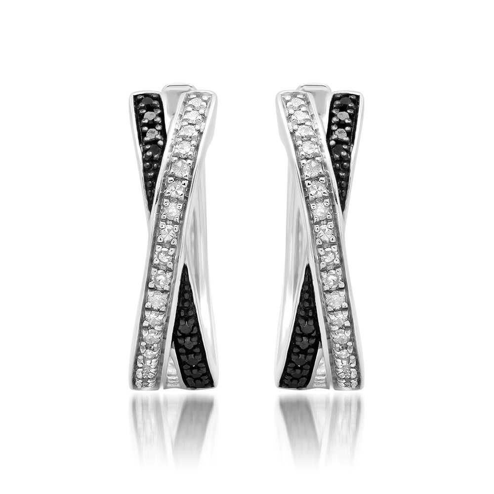 Sterling Silver Black and White Diamond 'X' Hoop Earrings (1/3 cttw., J-K Color, I2-I3 Clarity)