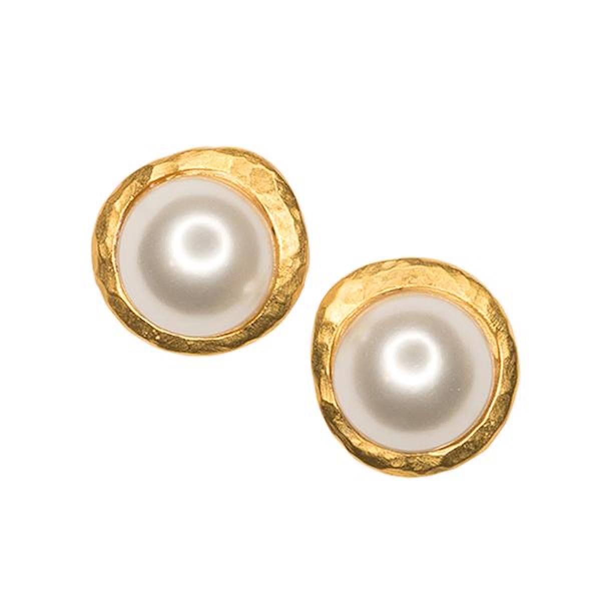 Kenneth Jay Lane Satin Gold Pearl Button Earrings (Clip On)