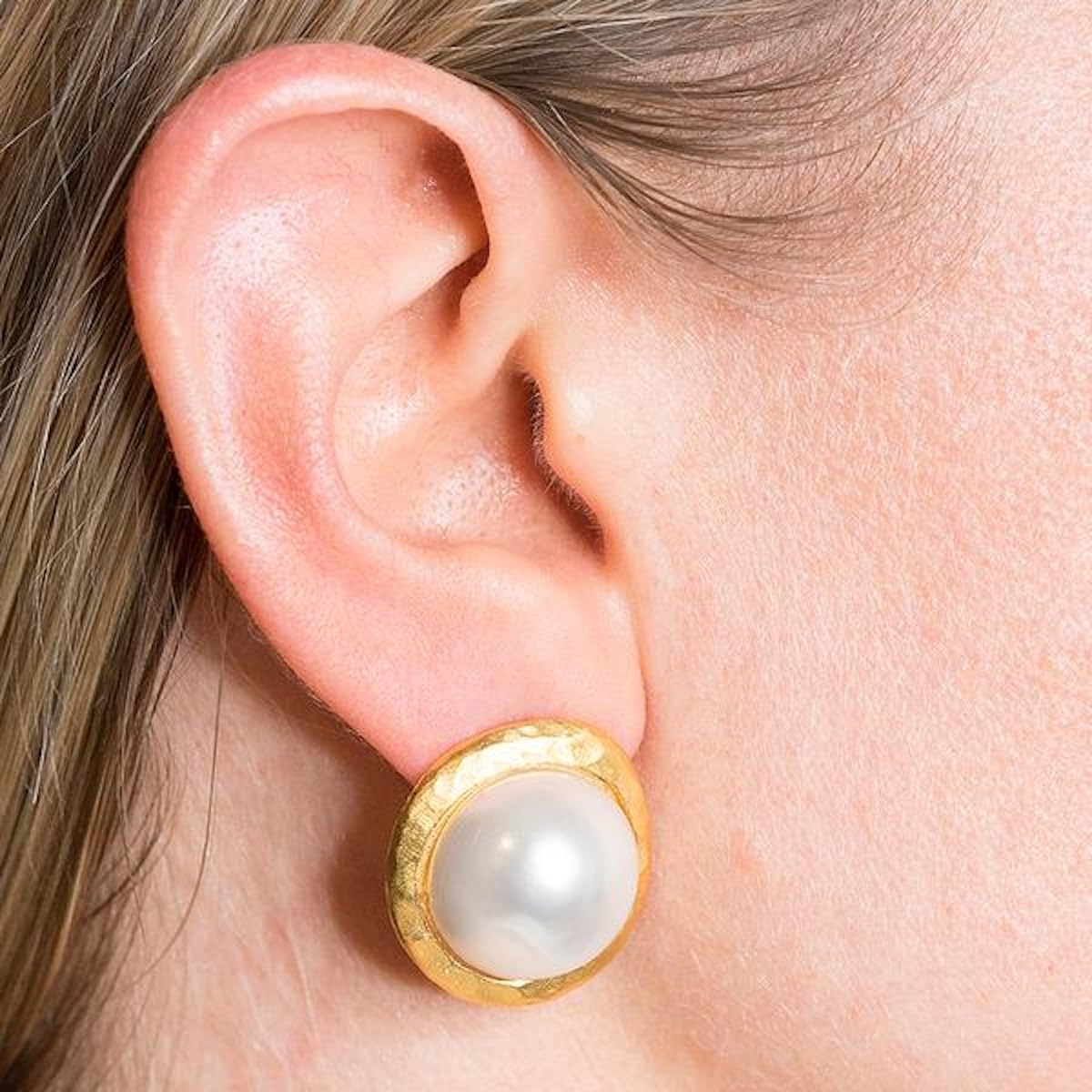 Kenneth Jay Lane Satin Gold Pearl Button Earrings (Clip On)