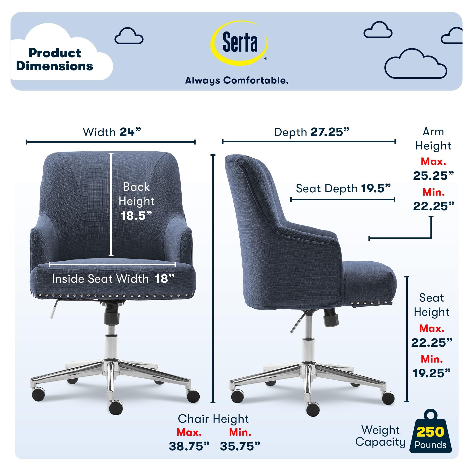 Serta Style Leighton Home Office Chair, Sanctuary Blue Twill Fabric 27.25D x 24W x 38.75H in