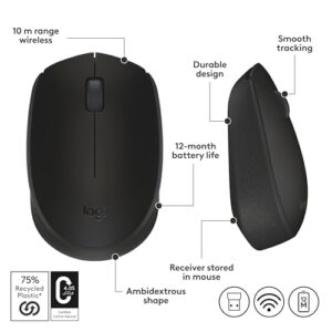 Logitech M170 Wireless Mouse for PC, Mac, Laptop, 2.4 GHz with USB Mini Receiver, Optical Tracking, 12-Months Battery Life, Ambidextrous - Black