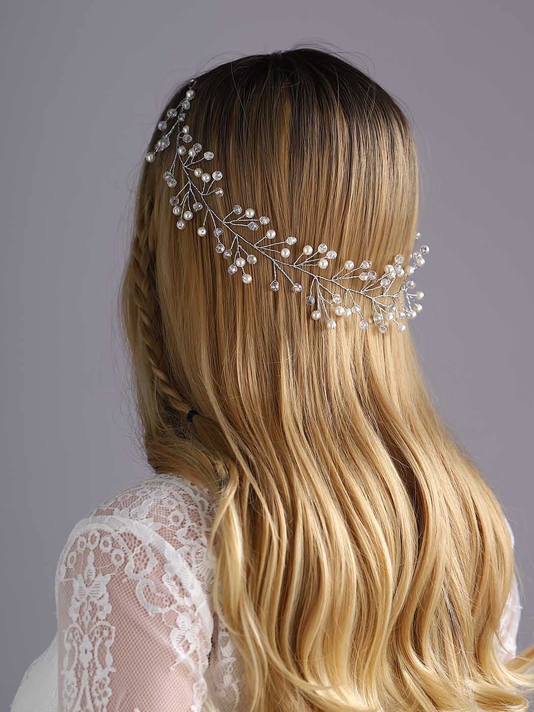 Yean Babys Breath Hair Piece Wedding Hair Vine Silver Rhinestone Headband Bridal Branch Crystal Wreath Crown Bridal Flower Vine Accessories for Bride and Bridesmaid (Silver)