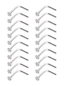 20 pieces curved nose stud stainless steel nose ring crystals l bend nose screw piercing jewelry, 20 gauge