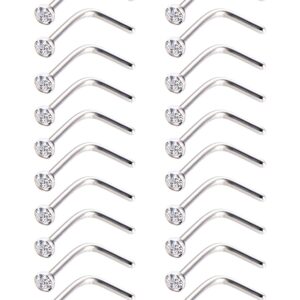 20 Pieces Curved Nose Stud Stainless Steel Nose Ring Crystals L Bend Nose Screw Piercing Jewelry, 20 Gauge