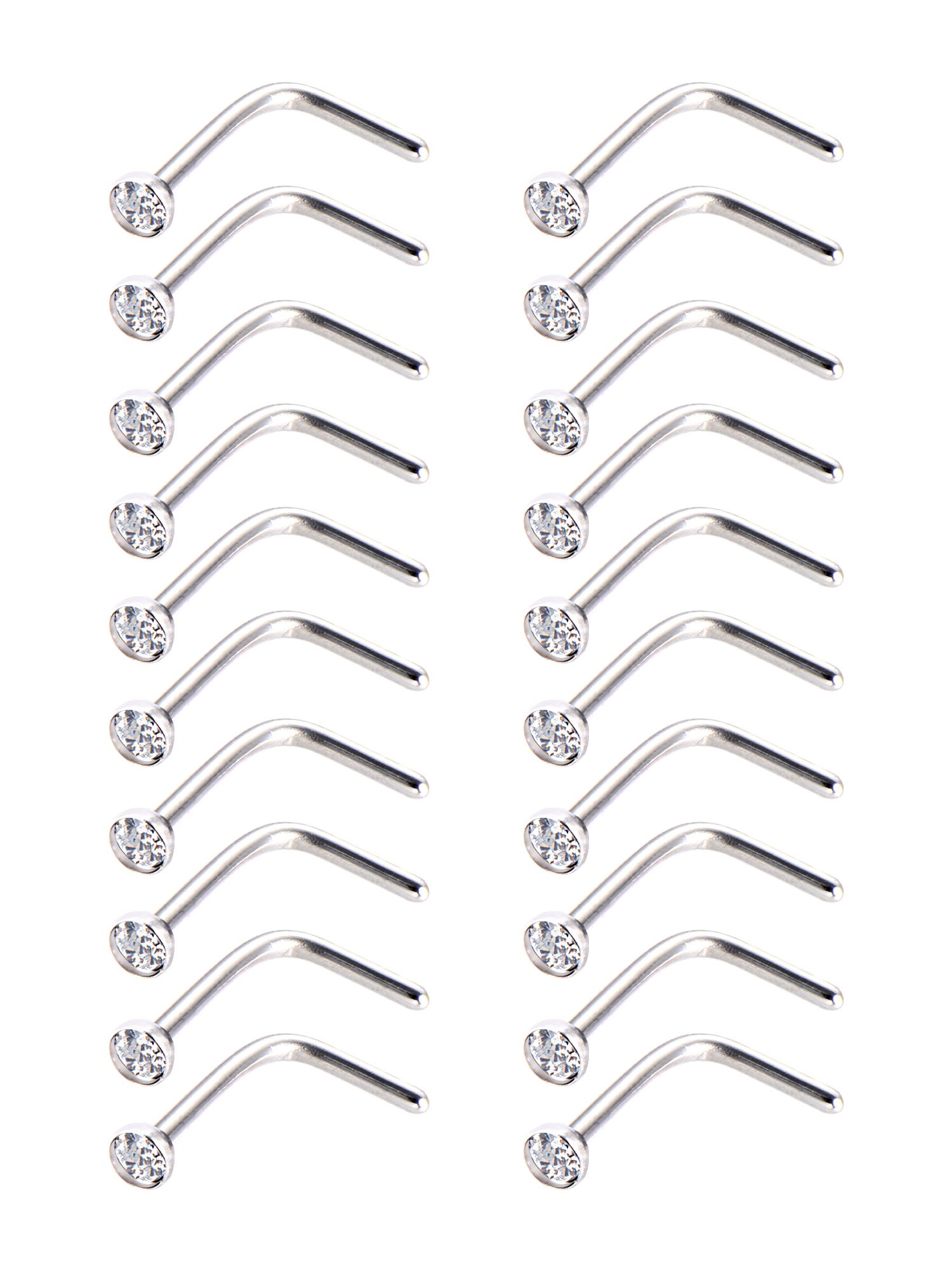 20 Pieces Curved Nose Stud Stainless Steel Nose Ring Crystals L Bend Nose Screw Piercing Jewelry, 20 Gauge