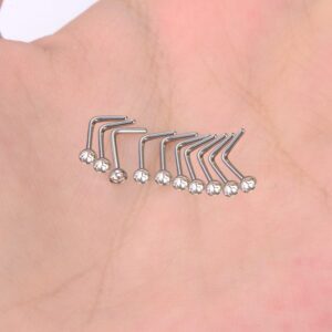 20 Pieces Curved Nose Stud Stainless Steel Nose Ring Crystals L Bend Nose Screw Piercing Jewelry, 20 Gauge