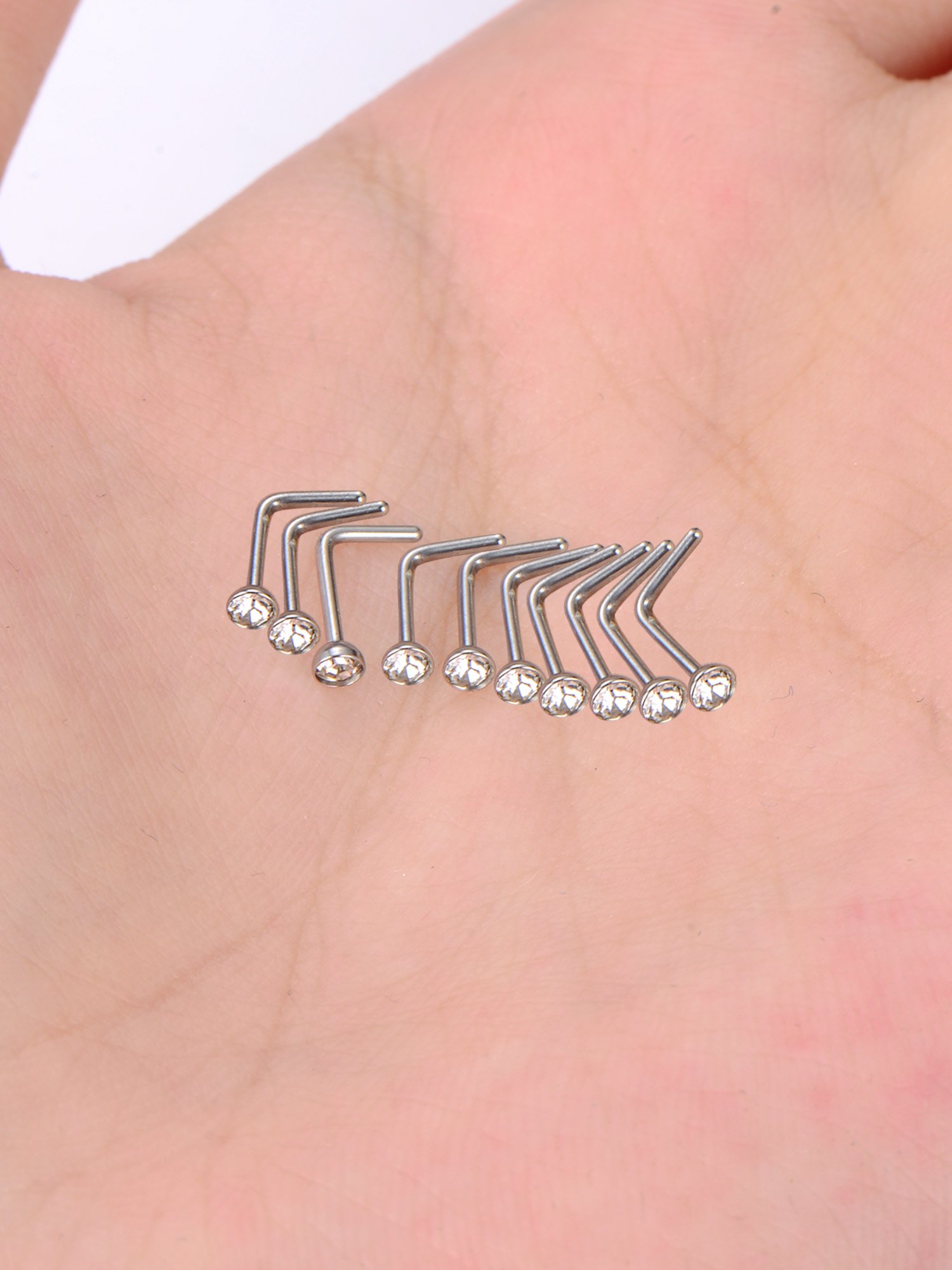 20 Pieces Curved Nose Stud Stainless Steel Nose Ring Crystals L Bend Nose Screw Piercing Jewelry, 20 Gauge