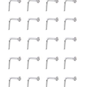 20 Pieces Curved Nose Stud Stainless Steel Nose Ring Crystals L Bend Nose Screw Piercing Jewelry, 20 Gauge