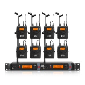 xtuga rw2080 uhf wireless in ear monitor system 8 bodypacks, dual channel wireless iem system with 40 frequencies, 300ft mono design for band, stage or studio, 572mhz-599mhz