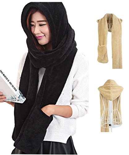 Maleroads 3 in 1 Women and Men Hooded Scarf With Mittens Neckwarmer Hoodie Pocket Hat (thicker, black2)