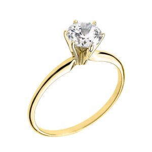 14k yellow gold round brilliant cut cubic zirconia solitaire 6 prong engagement ring with slender band - size 8