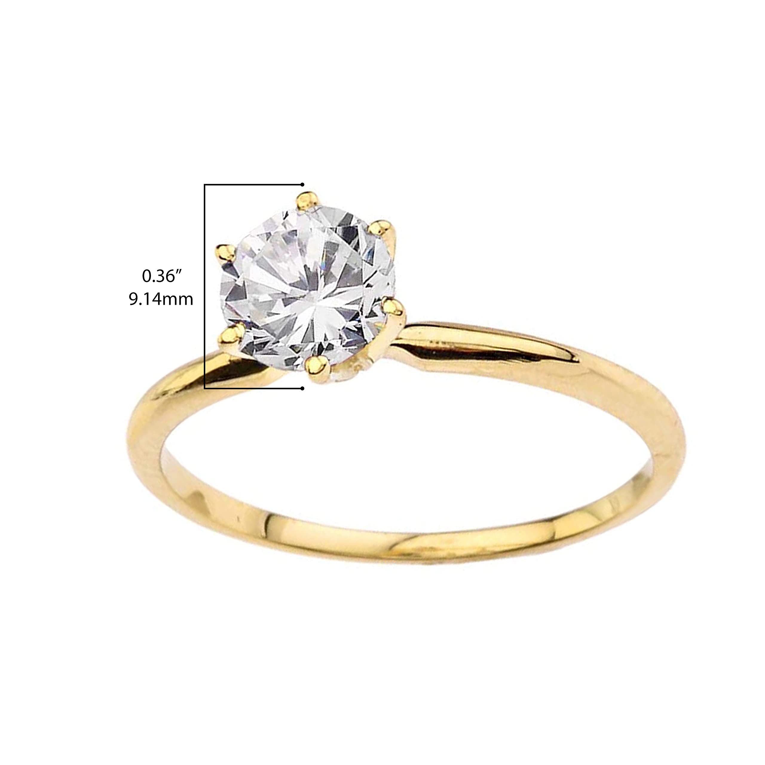 14K Yellow Gold Round Brilliant Cut Cubic Zirconia Solitaire 6 Prong Engagement Ring with Slender Band - Size 8