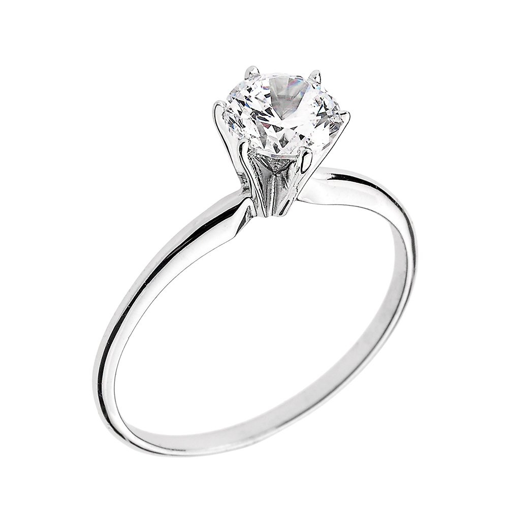 14K White Gold Round Brilliant Cut Cubic Zirconia Solitaire 6 Prong Engagement Ring with Slender Band - Size 7-1/2