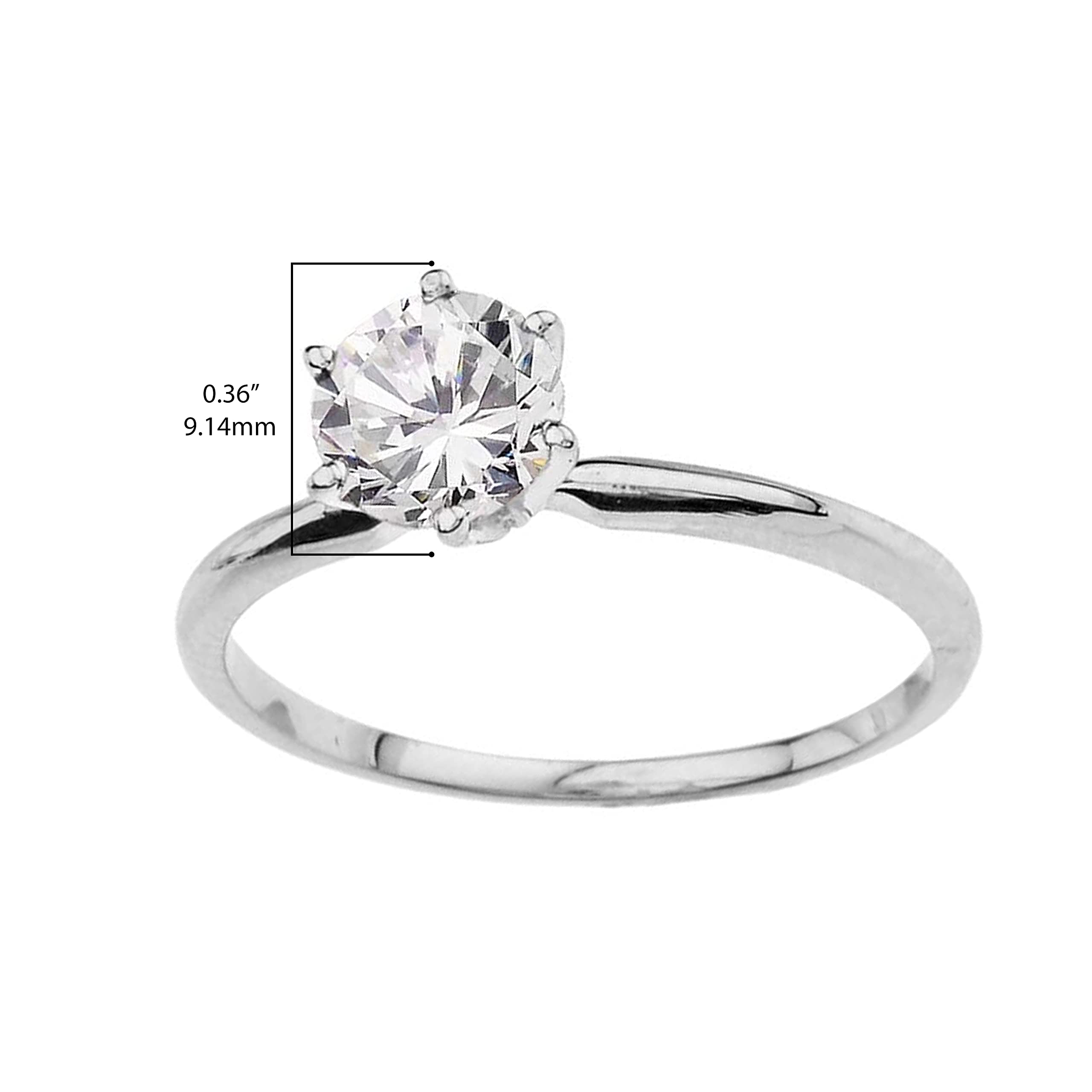 14K White Gold Round Brilliant Cut Cubic Zirconia Solitaire 6 Prong Engagement Ring with Slender Band - Size 7-1/2