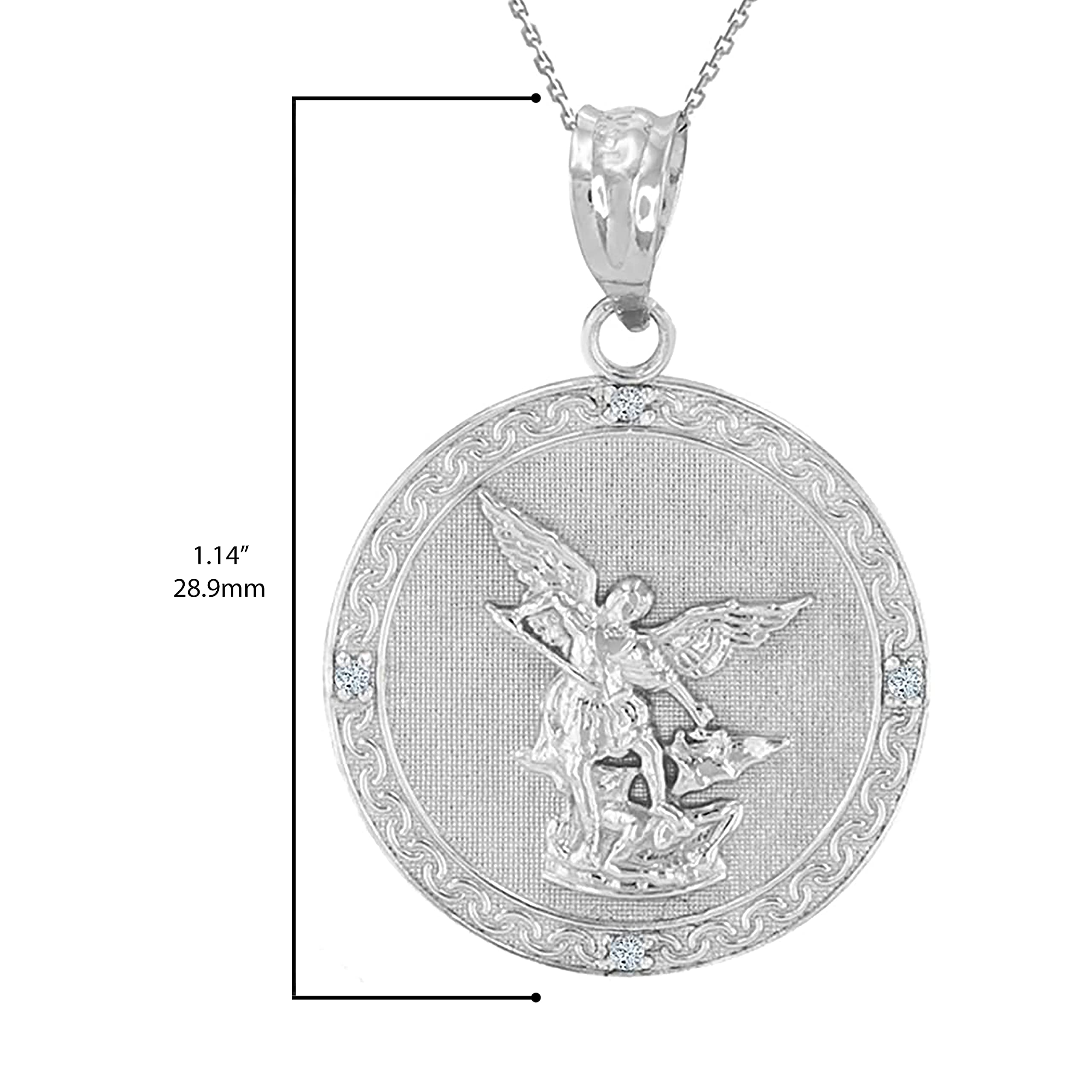 .925 Sterling Silver Saint Michael The Archangel White Cubic Zirconia Accented 1” Medal Pendant Necklace with Rolo Chain - 20" Chain