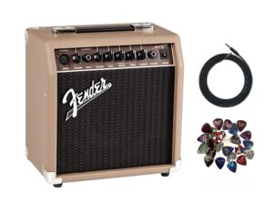 fender acoustasonic 15 acoustic guitar amplifier bundle with instrument cable, picks, and austin bazaar polishing cloth