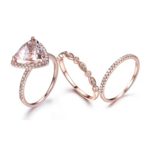 triangle morganite engagement ring set,10mm trillion stone halo diamond 14k rose gold rings stacking band