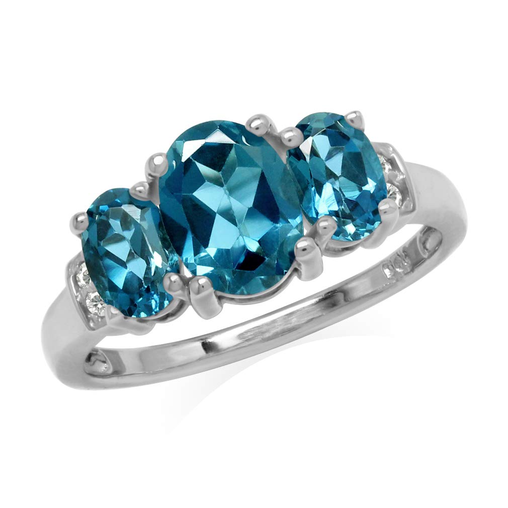 Silvershake 2.6 Carat 3 Stone Genuine Oval Shape London Blue Topaz White Gold Plated 925 Sterling Silver Ring Size 8