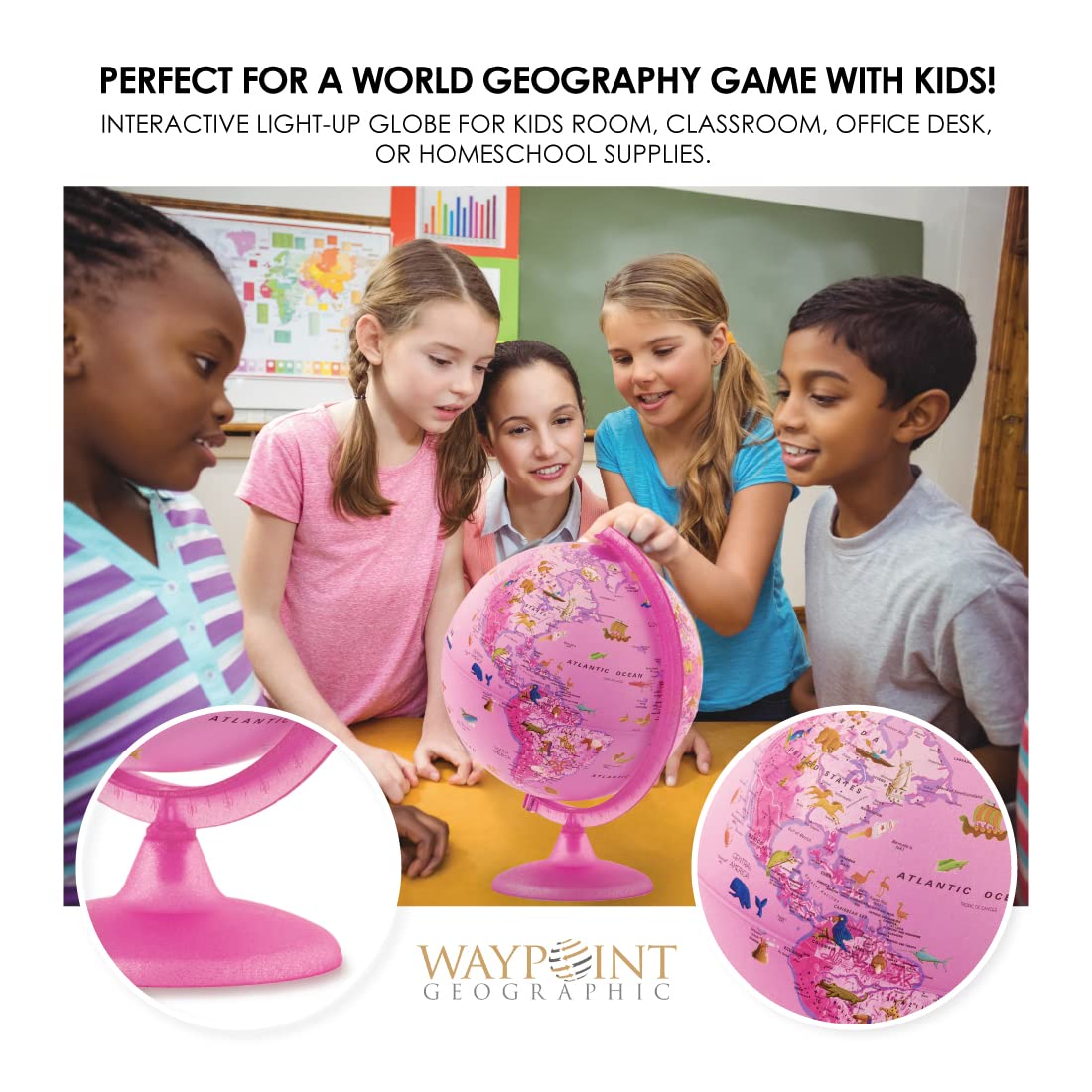 Waypoint Geographic Safari Explorer Animals Globe, World Globe, 10” Illuminated Desktop Globe with Physical Earth and 100s of Illustrated Animals, Pink