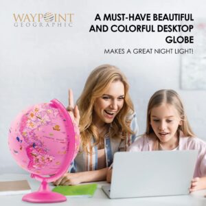 Waypoint Geographic Safari Explorer Animals Globe, World Globe, 10” Illuminated Desktop Globe with Physical Earth and 100s of Illustrated Animals, Pink