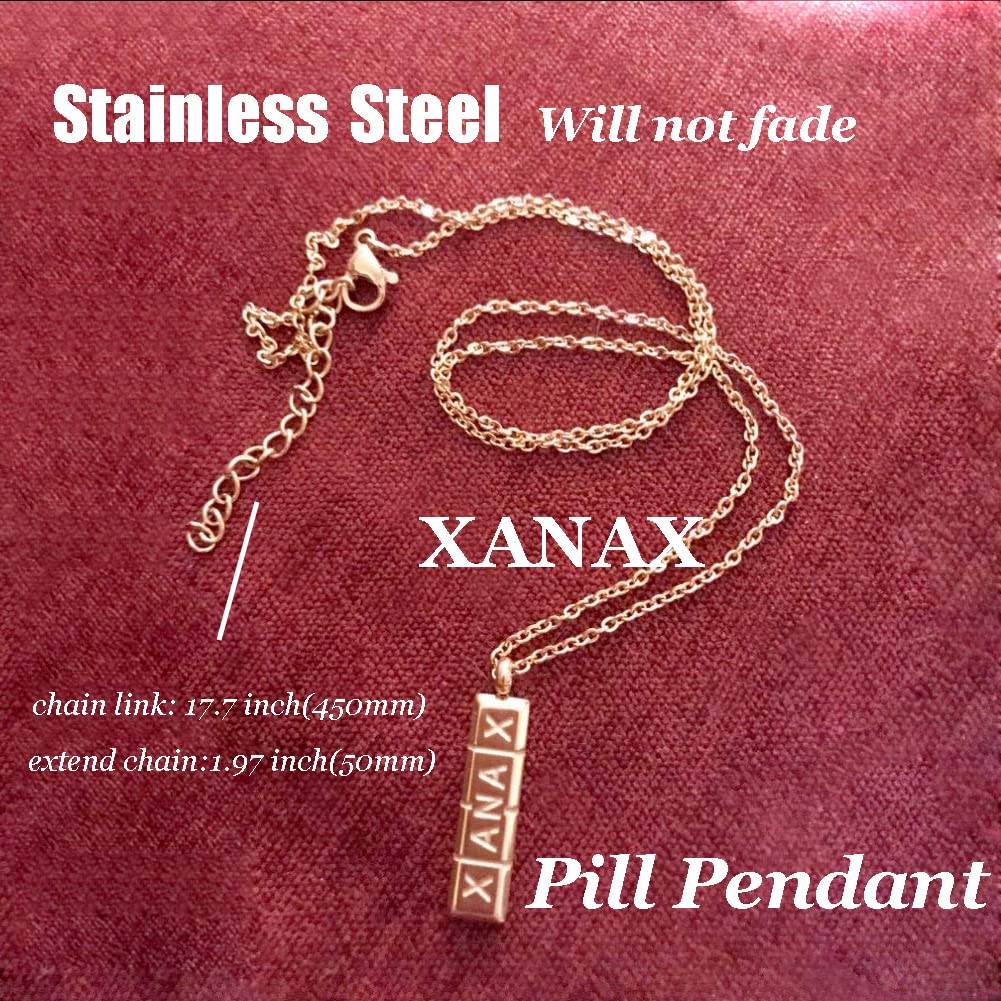 SKQIR Womens Girls Stainless Steel XANAX Pill ID Bar Pendant Necklace Jewelry-Gold