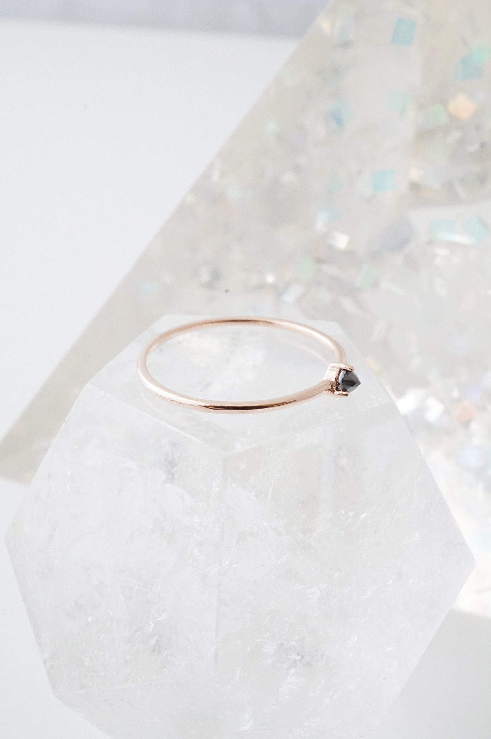 Honeycat Black Iron Ore Crystal Point Ring in 18k Rose Gold Plate | Minimalist, Delicate Jewelry (RG, 6)