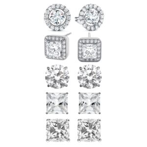 bsd treasure cubic zirconia stud earrings 5 pair set - women's hypoallergenic earrings - classic cubic zirconia earring in 5 styles - beautiful jewelry assortment - silver