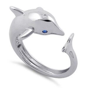 sterling silver intelligent playful creature of marine "blue eyes dolphin" ring - (size 4-10)