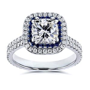 kobelli 2 carat tw moissanite (gh) and sapphire cushion halo engagement ring in 14k white gold - size 10