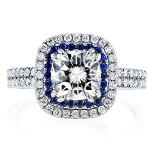 Kobelli 2 Carat TW Moissanite (GH) and Sapphire Cushion Halo Engagement Ring in 14k White Gold - Size 10