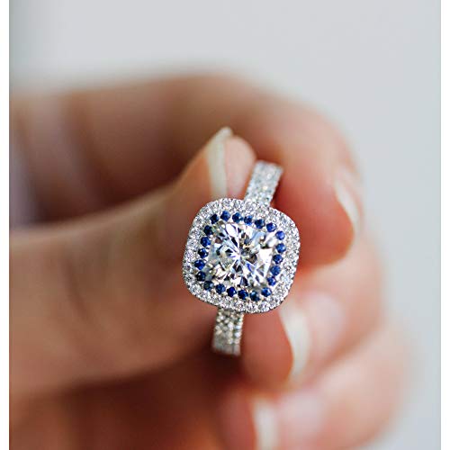 Kobelli 2 Carat TW Moissanite (GH) and Sapphire Cushion Halo Engagement Ring in 14k White Gold - Size 10