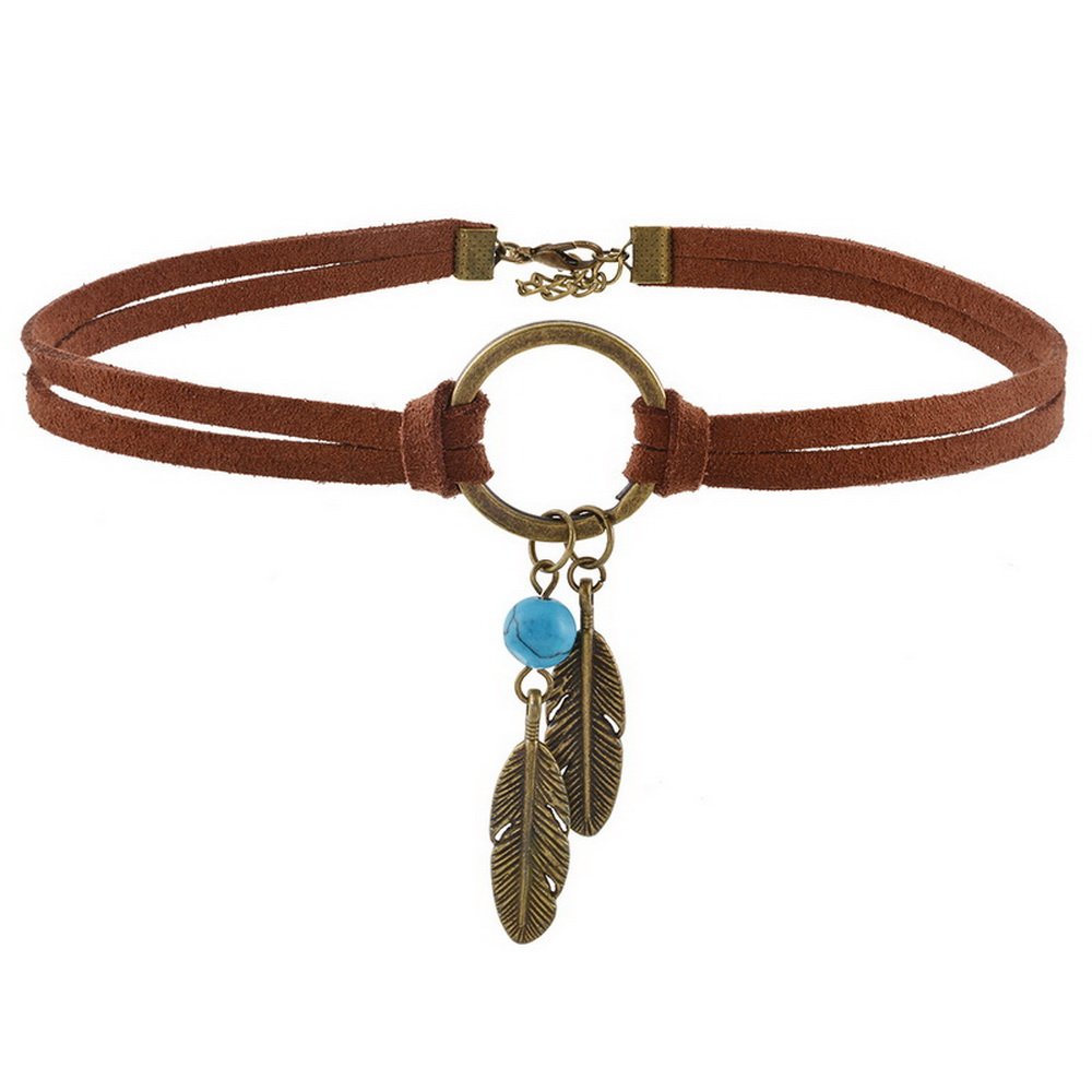 MJartoria Native American Bohemian Feather Charm Handmade PU Leather Choker Necklace (Brown, Bronze Feather)