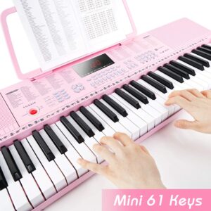 Vangoa VGK610 Piano Keyboard, 61 Mini Keys Portable Music Keyboard for Beginners with Microphone, 3 Teaching Modes, 350 Tones, 350 Rhythms, 30 Demos, Pink