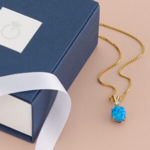 PEORA 14K Yellow Gold Created Blue Opal with Genuine Diamond Pendant, Elegant Solitaire, Oval Shape, 10x8mm, 1 Carat total