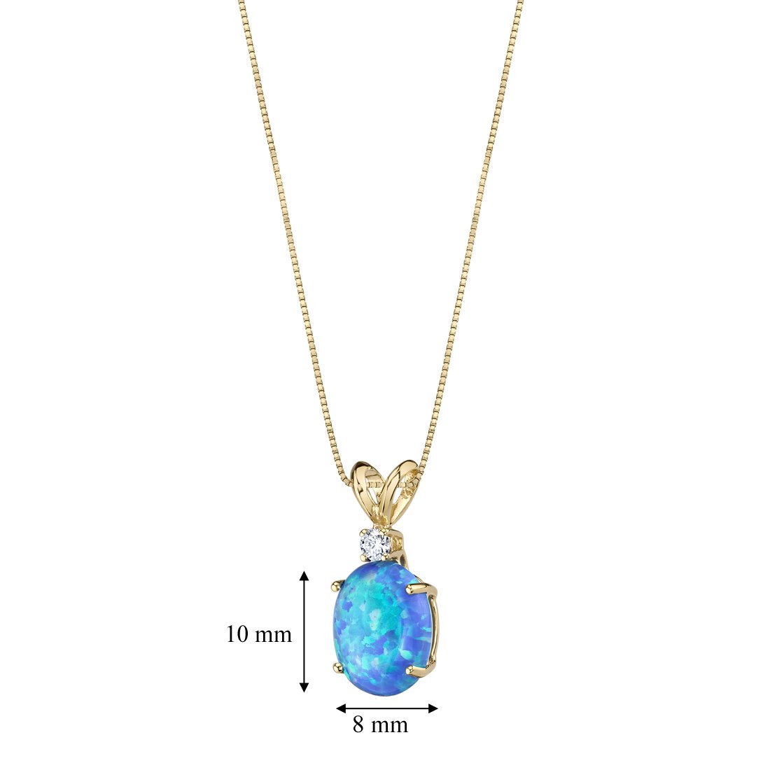 PEORA 14K Yellow Gold Created Blue Opal with Genuine Diamond Pendant, Elegant Solitaire, Oval Shape, 10x8mm, 1 Carat total