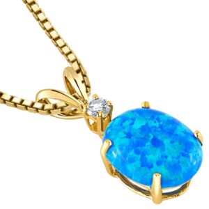 PEORA 14K Yellow Gold Created Blue Opal with Genuine Diamond Pendant, Elegant Solitaire, Oval Shape, 10x8mm, 1 Carat total