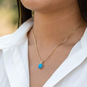 PEORA 14K Yellow Gold Created Blue Opal with Genuine Diamond Pendant, Elegant Solitaire, Oval Shape, 10x8mm, 1 Carat total