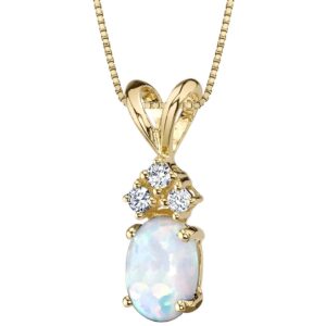 peora 14k yellow gold created white opal with genuine diamonds pendant, dainty hypoallergenic solitaire, oval shape, 7x5mm