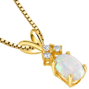 PEORA 14K Yellow Gold Created White Opal with Genuine Diamonds Pendant, Dainty Hypoallergenic Solitaire, Oval Shape, 7x5mm