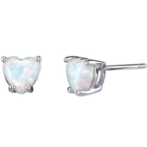 peora 14k white gold created white fire opal heart stud earrings for women, hypoallergenic solitaire studs, 6mm, 1 carat total, october birthstone, friction back