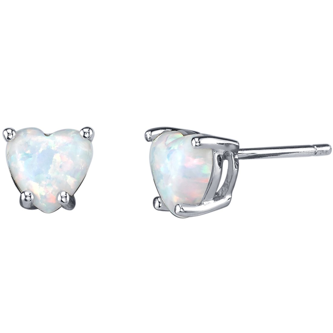 Peora 14K White Gold Created White Fire Opal Heart Stud Earrings for Women, Hypoallergenic Solitaire Studs, 6mm, 1 Carat total, October Birthstone, Friction Back