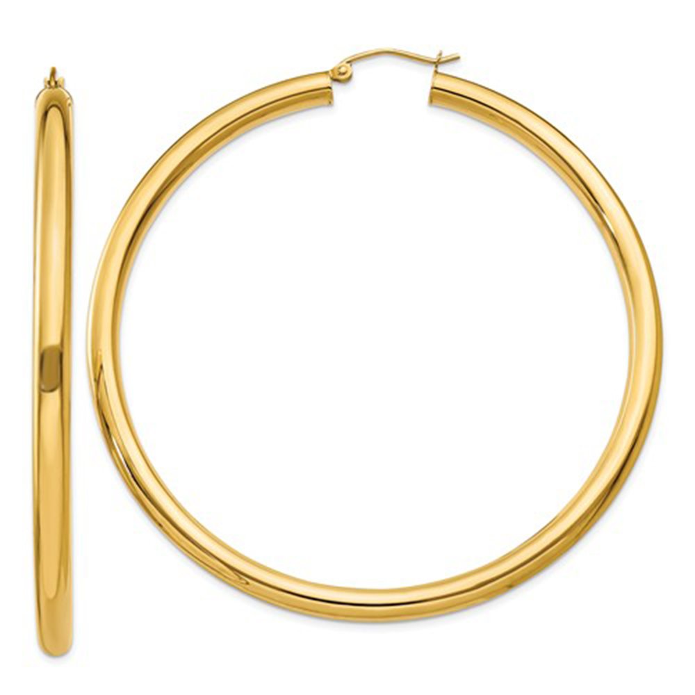 Extra Large 14K Yellow Gold Thick Tube Hoop Earrings w/Click-Down Clasp, 65mm (4mm Tube)