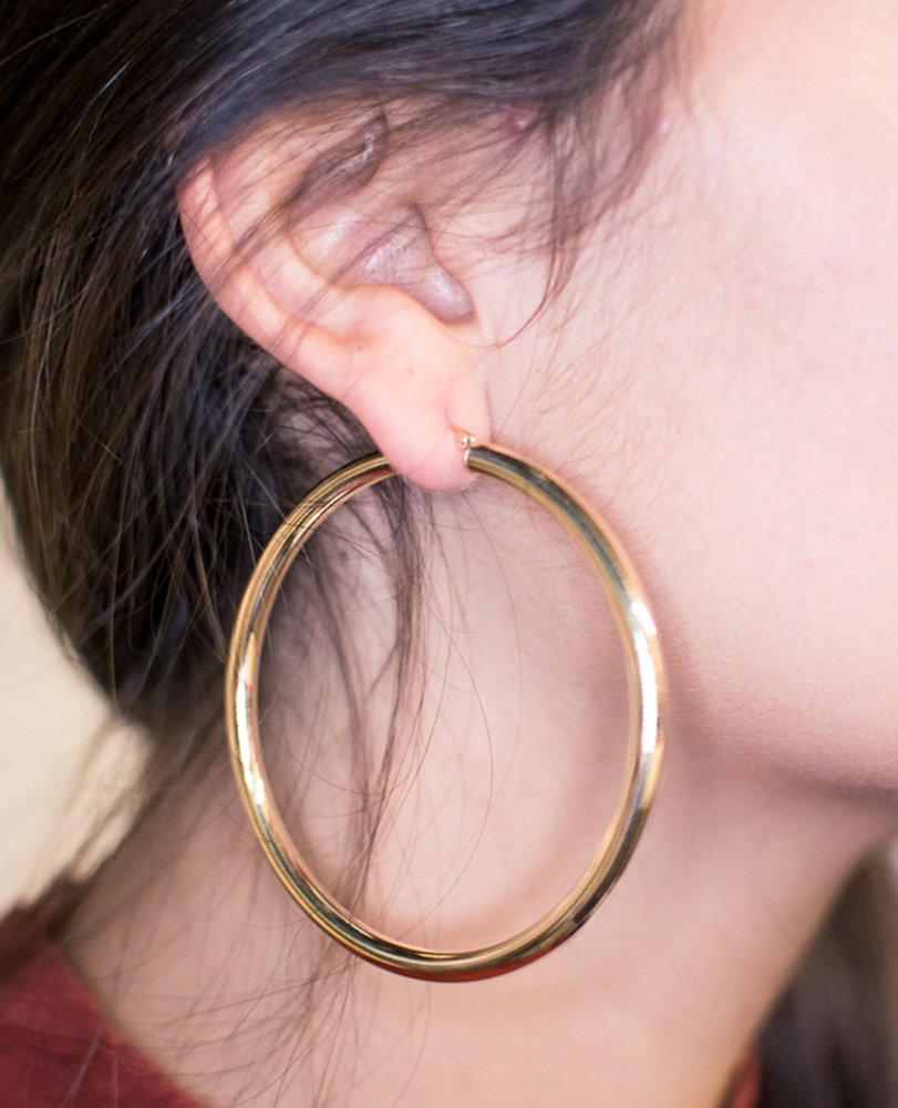 Extra Large 14K Yellow Gold Thick Tube Hoop Earrings w/Click-Down Clasp, 65mm (4mm Tube)