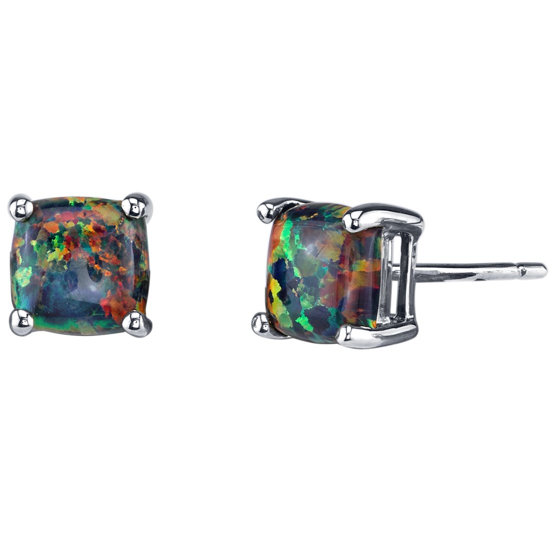 Peora 14K White Gold Created Black Fire Opal Stud Earrings for Women, Hypoallergenic Solitaire, Cushion Cut 6mm, 1 Carat total, October Birthstone, Friction Back