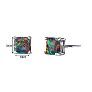 Peora 14K White Gold Created Black Fire Opal Stud Earrings for Women, Hypoallergenic Solitaire, Cushion Cut 6mm, 1 Carat total, October Birthstone, Friction Back