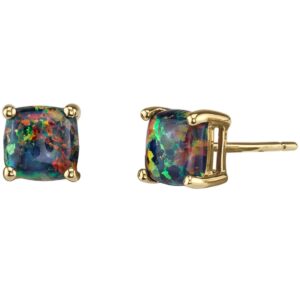 peora 14k yellow gold created black fire opal stud earrings for women, hypoallergenic solitaire, cushion cut 6mm, 1 carat total, october birthstone, friction back