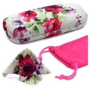 rachel rowberry floral hard eyeglass case | glasses case hard shell with microfiber drawstring pouch and cleaning cloth | protective small sunglasses case for women (as126 cranberry rose)